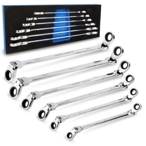 ptstel ratcheting wrench set, extra long double box end wrench set，flex-head metric spanner set, 6 piece 72-tooth ratcheting wrench kit, 8-19mm (6, 8-19mm)