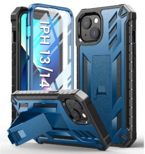 for iphone 13 case protective cover: iphone 14 case heavy duty military grade hard protection shock proof grip | durable dual-layer design iphone 13-14 phone case with built-in kickstand blue