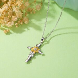 Annamate Cross Necklace for Women Sunflower Cross Necklace 925 Sterling Silver Dainty Sunshine Pendant for Women Mom Sunflower Gifts for Women