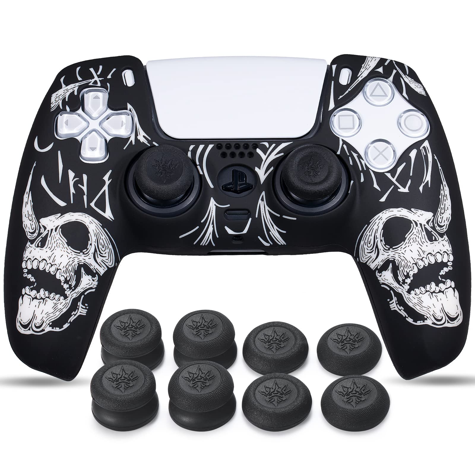 YoRHa Laser Carving Silicone Skin for PS5 Controller x 1(Skulls White) with Exclusive Thumb Grips x 8