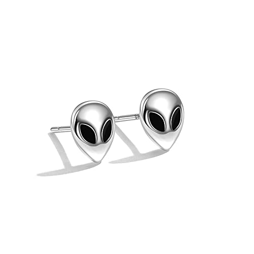 925 Sterling Silver Alien Earrings, Alien Stud Earrings Polished, Big Eye Space Aliens Statement Stud Earrings, Rave Earrings