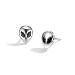 925 Sterling Silver Alien Earrings, Alien Stud Earrings Polished, Big Eye Space Aliens Statement Stud Earrings, Rave Earrings