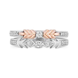 jewelili enchanted disney fine jewelry sterling silver and 10k rose gold 1/5 cttw natural white round diamond elsa-anna duo stack ring, size 8