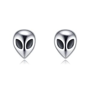 925 sterling silver alien earrings, alien stud earrings polished, big eye space aliens statement stud earrings, rave earrings