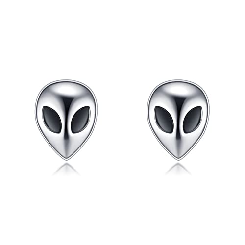 925 Sterling Silver Alien Earrings, Alien Stud Earrings Polished, Big Eye Space Aliens Statement Stud Earrings, Rave Earrings