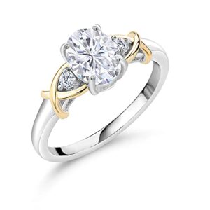 gem stone king 925 sterling silver and 10k yellow gold white moissanite 3-stone engagement ring | 1.58 cttw | oval 8x6mm | 3 stone wedding anniversary promise ring for women (size 6)