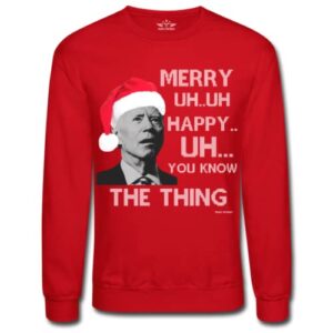 pesky patriot funny joe biden merry uh uh ugly christmas sweater | hilarious mumbling biden tacky xmas pullover sweatshirt for men or women (xx_large) red