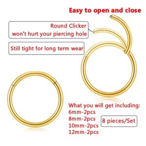 8pcs Gold Nose Rings Hoops for Women 16G Septum Ring Small Clicker Hoop Jewelry Surgical Steel Cute Cartilage Piercings for Tragus Helix Conch Daith 6mm 8mm 10mm 12mm