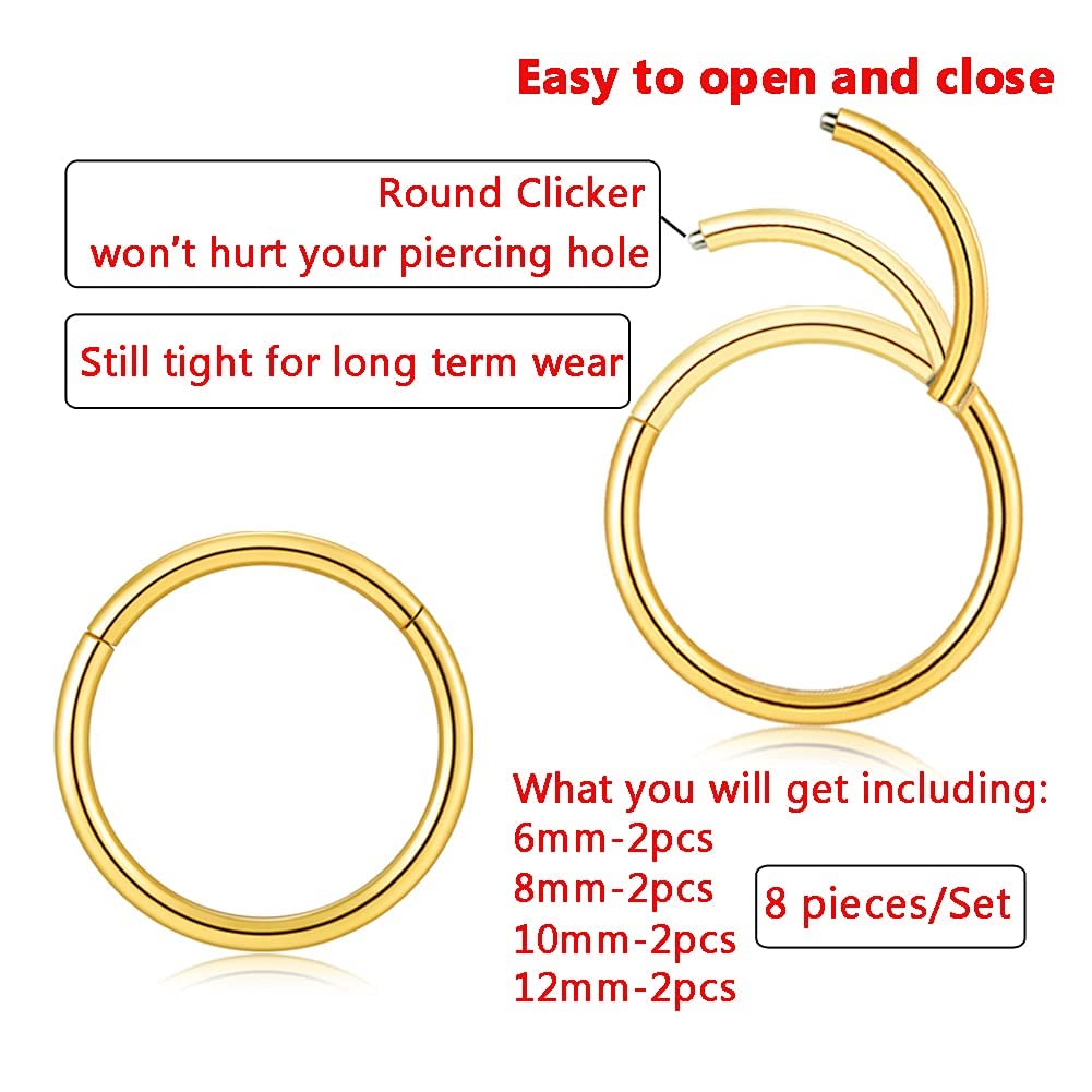 8pcs Gold Nose Rings Hoops for Women 16G Septum Ring Small Clicker Hoop Jewelry Surgical Steel Cute Cartilage Piercings for Tragus Helix Conch Daith 6mm 8mm 10mm 12mm