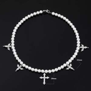 HELLOICE Pearl Necklace with Cross and Praying Angel Pendant Round White Pearl Necklace Pearl Choker Necklace Charm Strand Pearl Necklace for Women Men