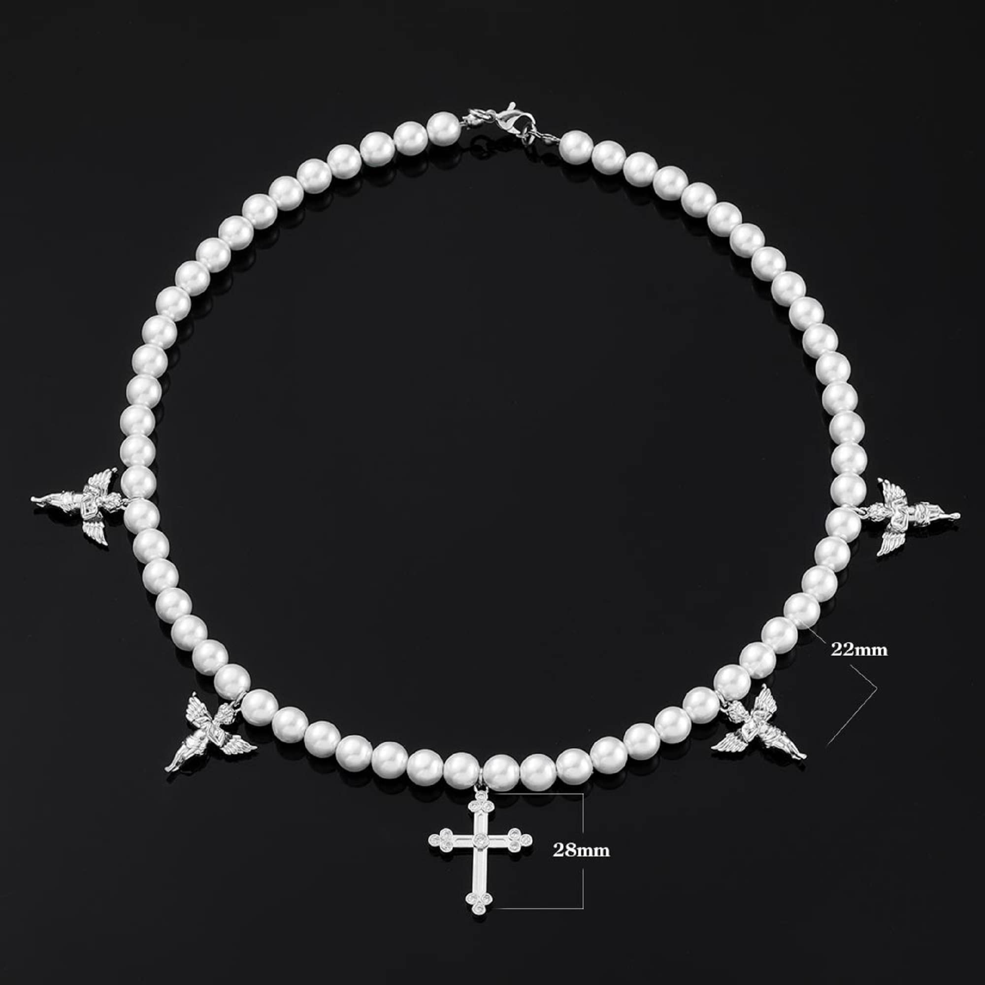 HELLOICE Pearl Necklace with Cross and Praying Angel Pendant Round White Pearl Necklace Pearl Choker Necklace Charm Strand Pearl Necklace for Women Men