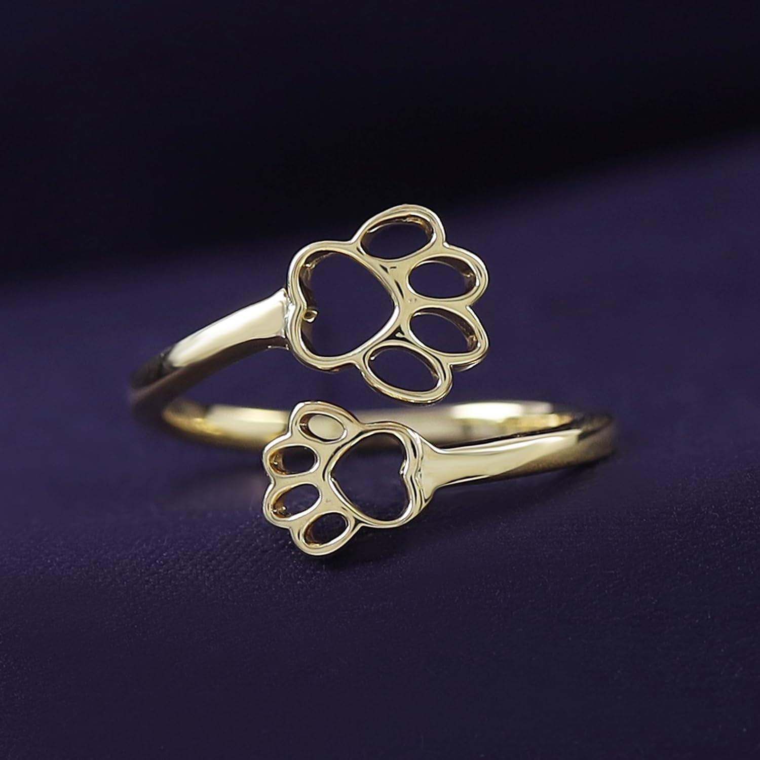 Pet Animal Jewelry Lovers Open Adjustable Dog Cat Claw Paw Print Love Heart Ring Pet Loving Friend Family Rings for Women In 14k Yellow Gold Plated 925 Sterling Silver Jewelry