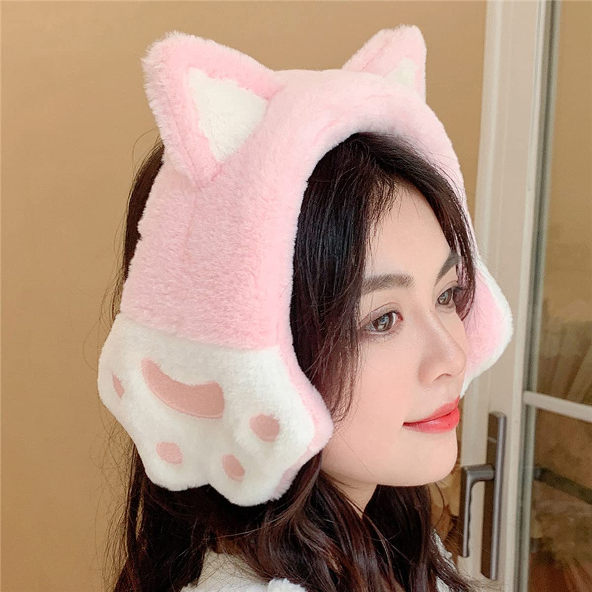 Jilneed Ear Muffs for Women Winter Outdoors Furry Cute Cat Ear Warmers Teen Girls Soft Warm Faux Fur Earmuffs (Pink)