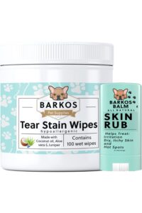 tear stain wipes + skin balm for dogs | bulldog, french bulldog, pug, english bulldog | cleans & soothes tear stains, wrinkles, folds, tail pockets & paws, anti-itch | 100 soft cotton pads