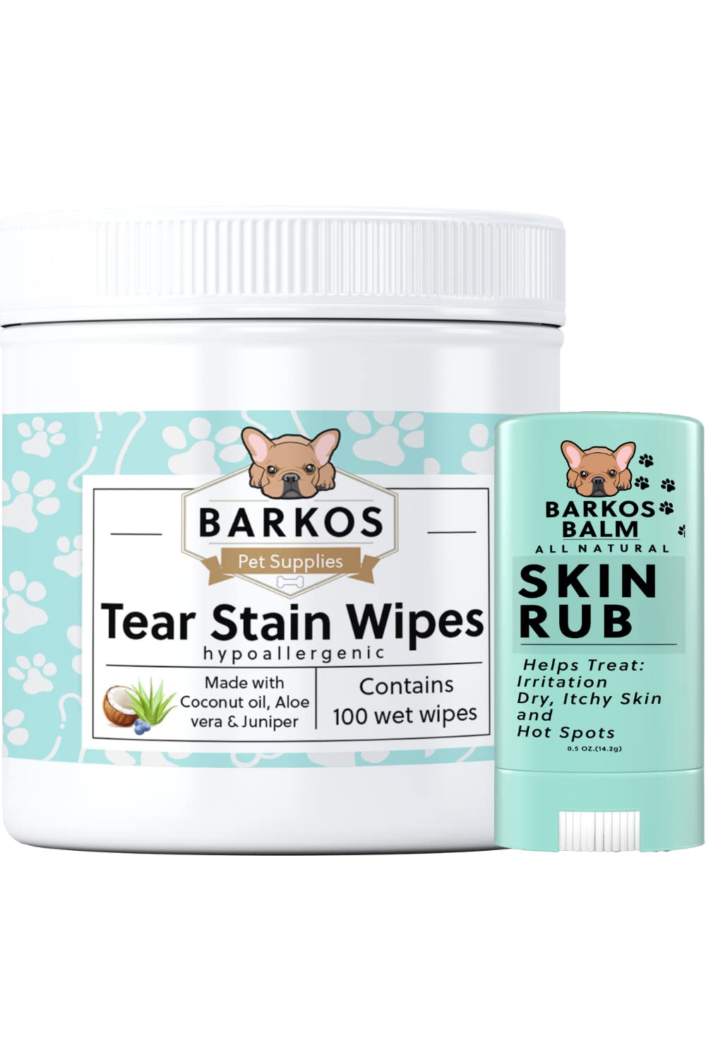 Tear Stain Wipes + Skin Balm For Dogs | Bulldog, French Bulldog, Pug, English Bulldog | Cleans & Soothes Tear Stains, Wrinkles, Folds, Tail Pockets & Paws, Anti-Itch | 100 Soft Cotton Pads