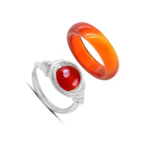 cjiayujew natural carnelian crystal rings，2pcs carnelian gemstone band healing ring for women carnelian smooth round donut ring (silver&red, 9)