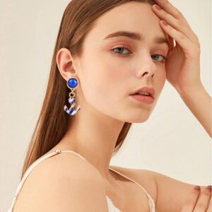 TIANBANGSHI Unique navy Nautical Ship Wheel Anchor Statement Drop Stud Earrings Asymmetry Blue Enamel wind Boat Anchor Dangle Earring for Women Fashion Jewelry (blue)