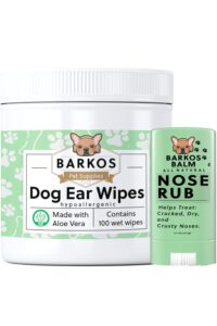 dog ear cleaner wipes + nose balm for dogs | bulldog, french bulldog, pug, english bulldog, cleans & soothes ears, wrinkles, folds, tear stain, infection treatment cleaning + snout soother by barkos