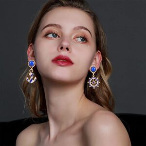 TIANBANGSHI Unique navy Nautical Ship Wheel Anchor Statement Drop Stud Earrings Asymmetry Blue Enamel wind Boat Anchor Dangle Earring for Women Fashion Jewelry (blue)