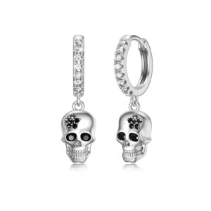 skull earrings，925 sterling silver skull huggie hoop earrings for women skull hoop earrings cubic zirconia dangle earrings goth earrings halloween jewelry gifts for women men