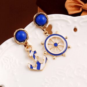 TIANBANGSHI Unique navy Nautical Ship Wheel Anchor Statement Drop Stud Earrings Asymmetry Blue Enamel wind Boat Anchor Dangle Earring for Women Fashion Jewelry (blue)