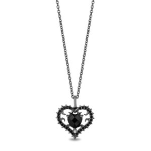 jewelili enchanted disney fine jewelry black rhodium over sterling silver 7 mm heart cut onyx and 1/4 cttw treated black round diamond maleficent heart pendant necklace 18" cable chain