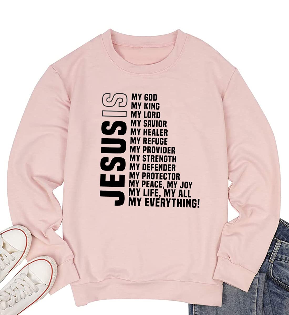 TSIIUO Women's Jesus is My Everything Christian Sweatshirt Funny Jesus Christ Bible Verse Pullover Tops Tees Pink XL