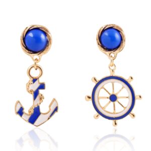 tianbangshi unique navy nautical ship wheel anchor statement drop stud earrings asymmetry blue enamel wind boat anchor dangle earring for women fashion jewelry (blue)