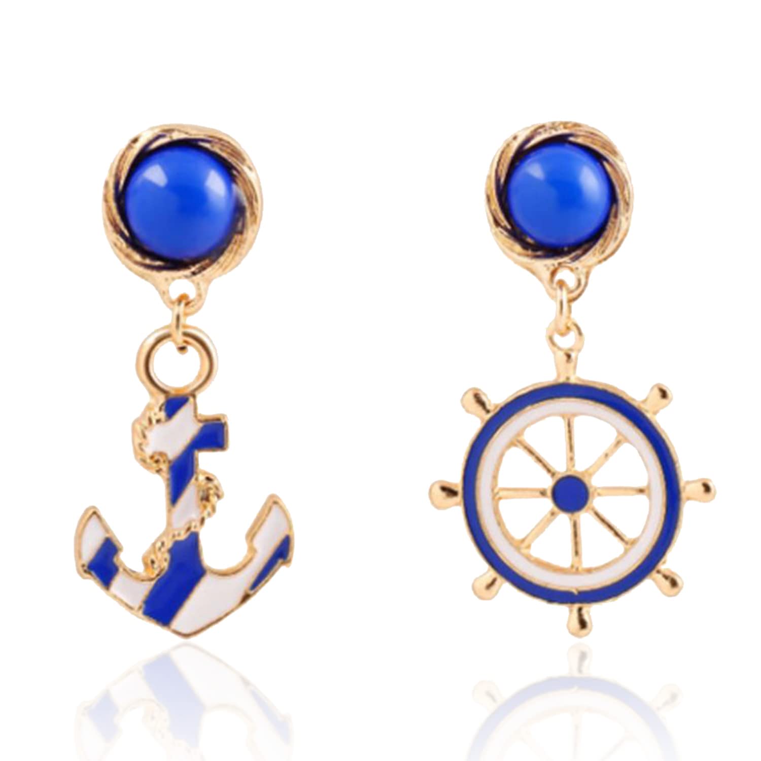 TIANBANGSHI Unique navy Nautical Ship Wheel Anchor Statement Drop Stud Earrings Asymmetry Blue Enamel wind Boat Anchor Dangle Earring for Women Fashion Jewelry (blue)