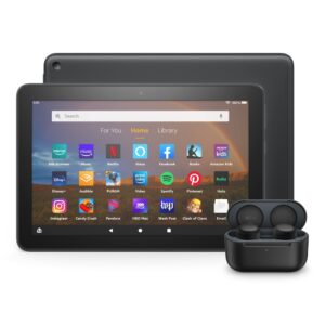 fire hd 8 plus tablet echo buds bundle including fire hd 8 tablet (black, 64 gb), lockscreen ad-supported, 8" hd display, and all-new echo buds