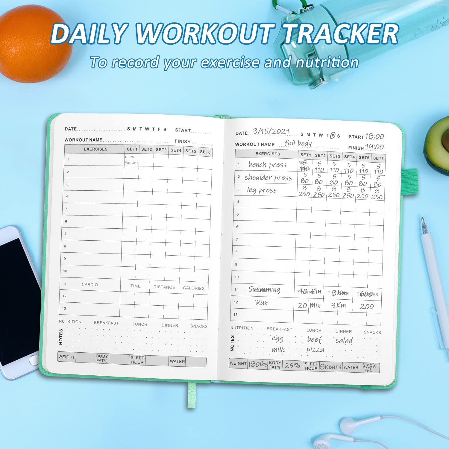 EPEWIZD Fitness Journal Hardcover 6- Month Workout Planner Undated Workout Log Book Home Gym Accessories for Women and Man(Green)