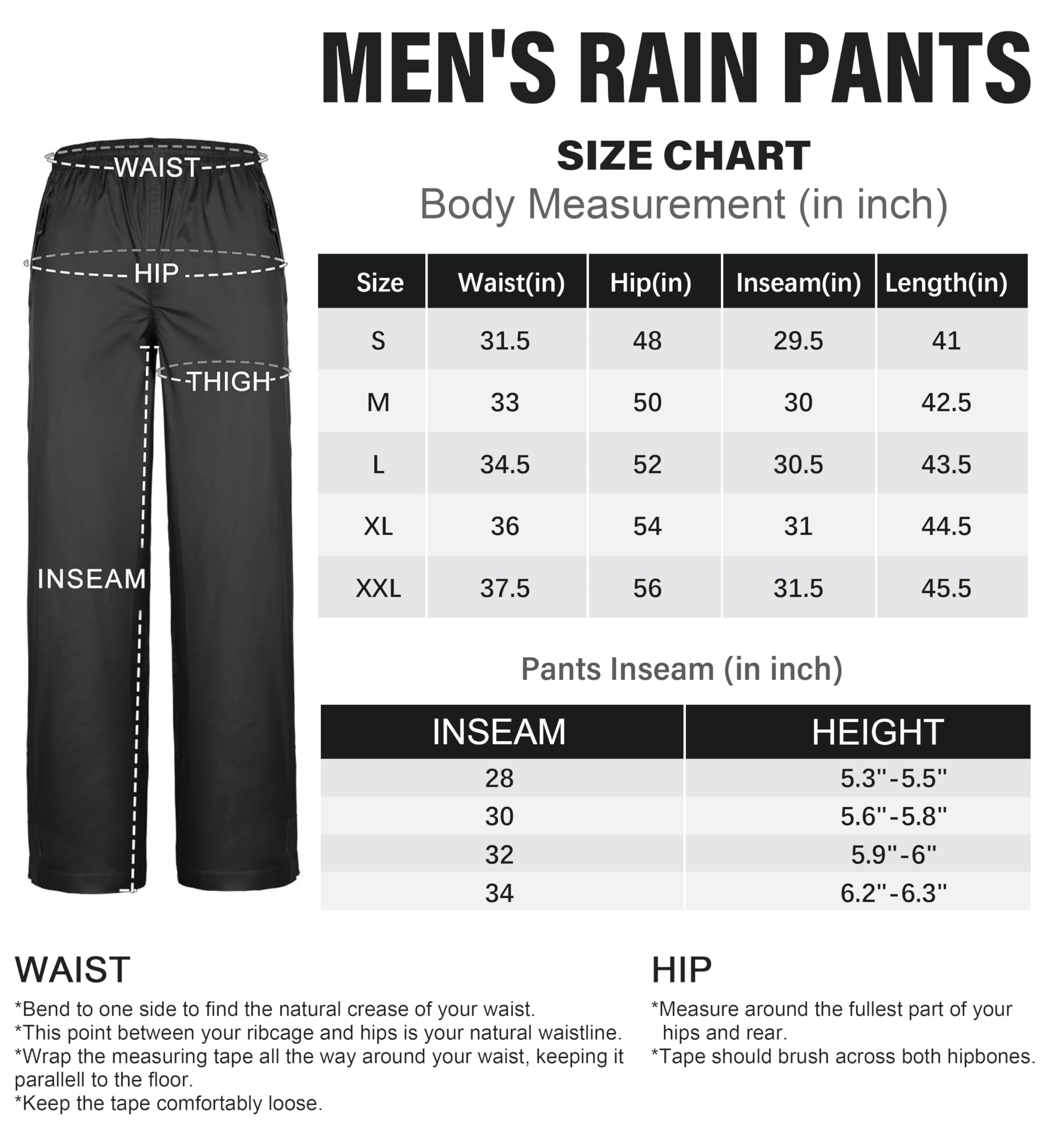 JAEZZIY Mens Rain Pants,Waterproof Rain Over Pants,Windproof Lightweight Rain Pants for Rain Outdoor Work,Golf,Fishing,Hiking (Black, XL)