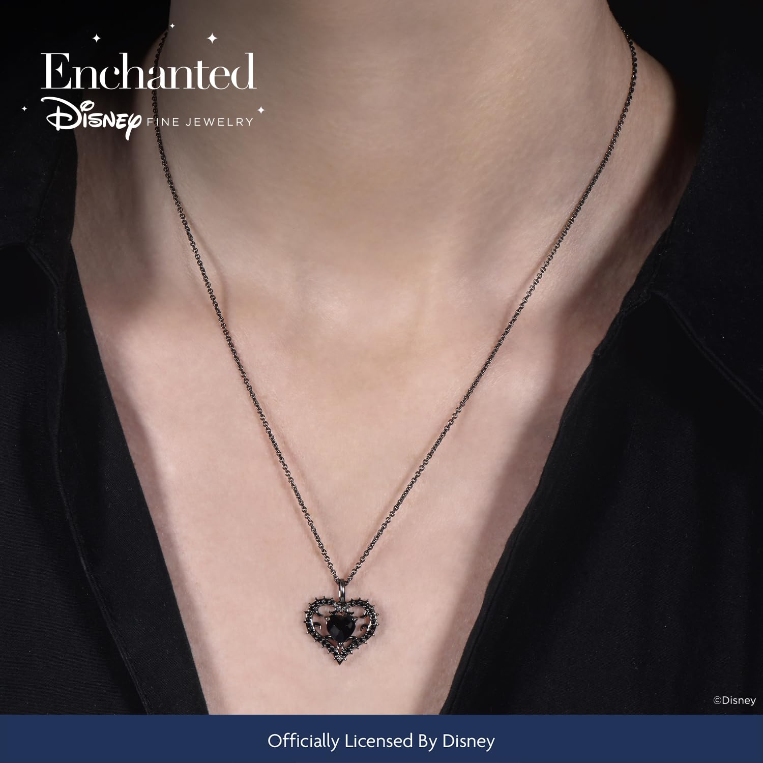 Jewelili Enchanted Disney Fine Jewelry Black Rhodium Over Sterling Silver 7 MM Heart Cut Onyx and 1/4 Cttw Treated Black Round Diamond Maleficent Heart Pendant Necklace 18" Cable Chain