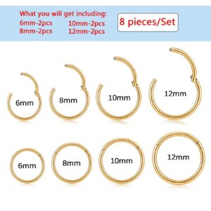 8pcs Gold Nose Rings Hoops for Women 16G Septum Ring Small Clicker Hoop Jewelry Surgical Steel Cute Cartilage Piercings for Tragus Helix Conch Daith 6mm 8mm 10mm 12mm