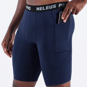 NELEUS Men's Compression Shorts with Pockets Workout Running Tights,3 Pack,6082,Black/Grey/Navy Blue,L