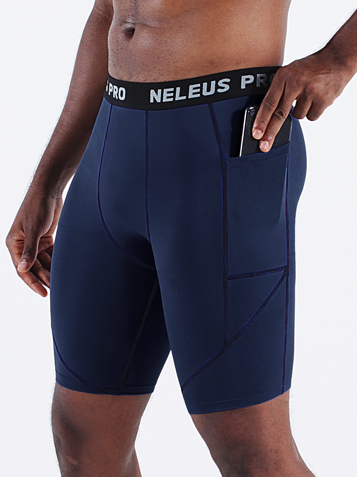 NELEUS Men's Compression Shorts with Pockets Workout Running Tights,3 Pack,6082,Black/Grey/Navy Blue,L