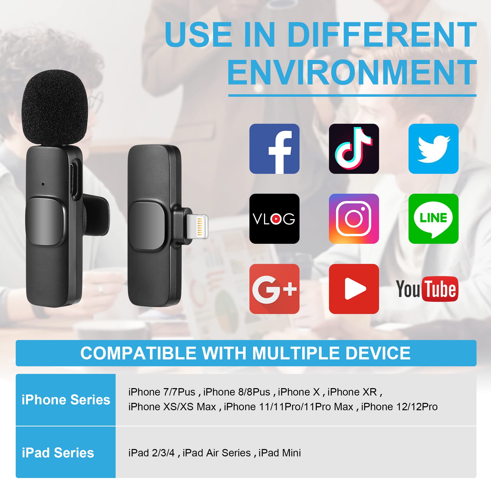 LAVKOW Wireless Lavalier Microphone for iPhone iPad, Plug-Play Wireless Mic with Clips, for Recording, YouTube, TikTok, Facebook Live Stream, Noise Reduction/No APP & Bluetooth Needed