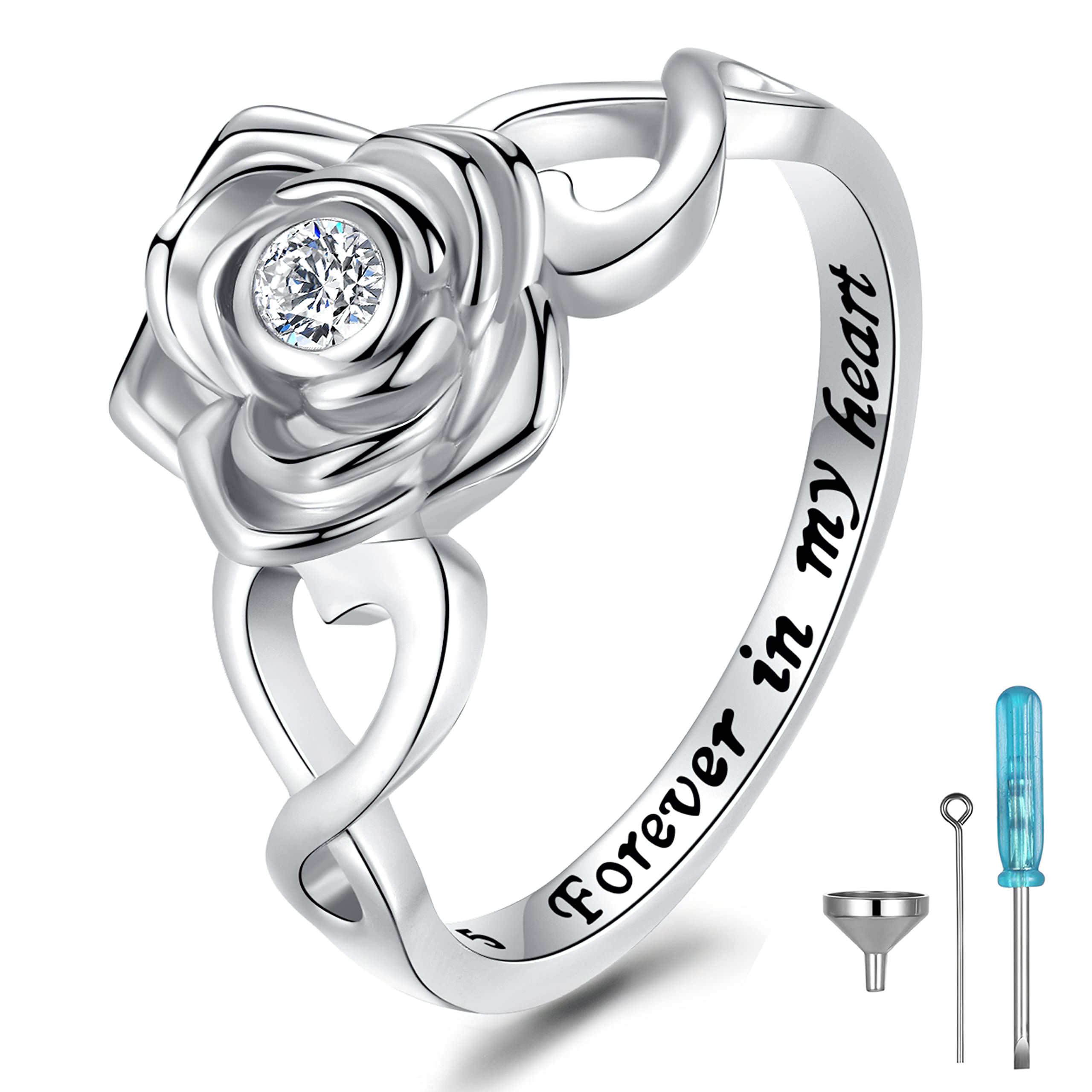 ZOEXUE Sterling Silver Rose Cremation Urn Rings Hold Loved Ones Ashes - Infinity Flower Cremation Ring for Ashes for Women Rose Urn Ring Gift for Mom