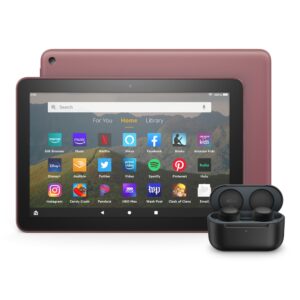 fire hd 8 tablet echo buds bundle including fire hd 8 tablet (plum, 32 gb), lockscreen ad-supported, 8" hd display, and all-new echo buds