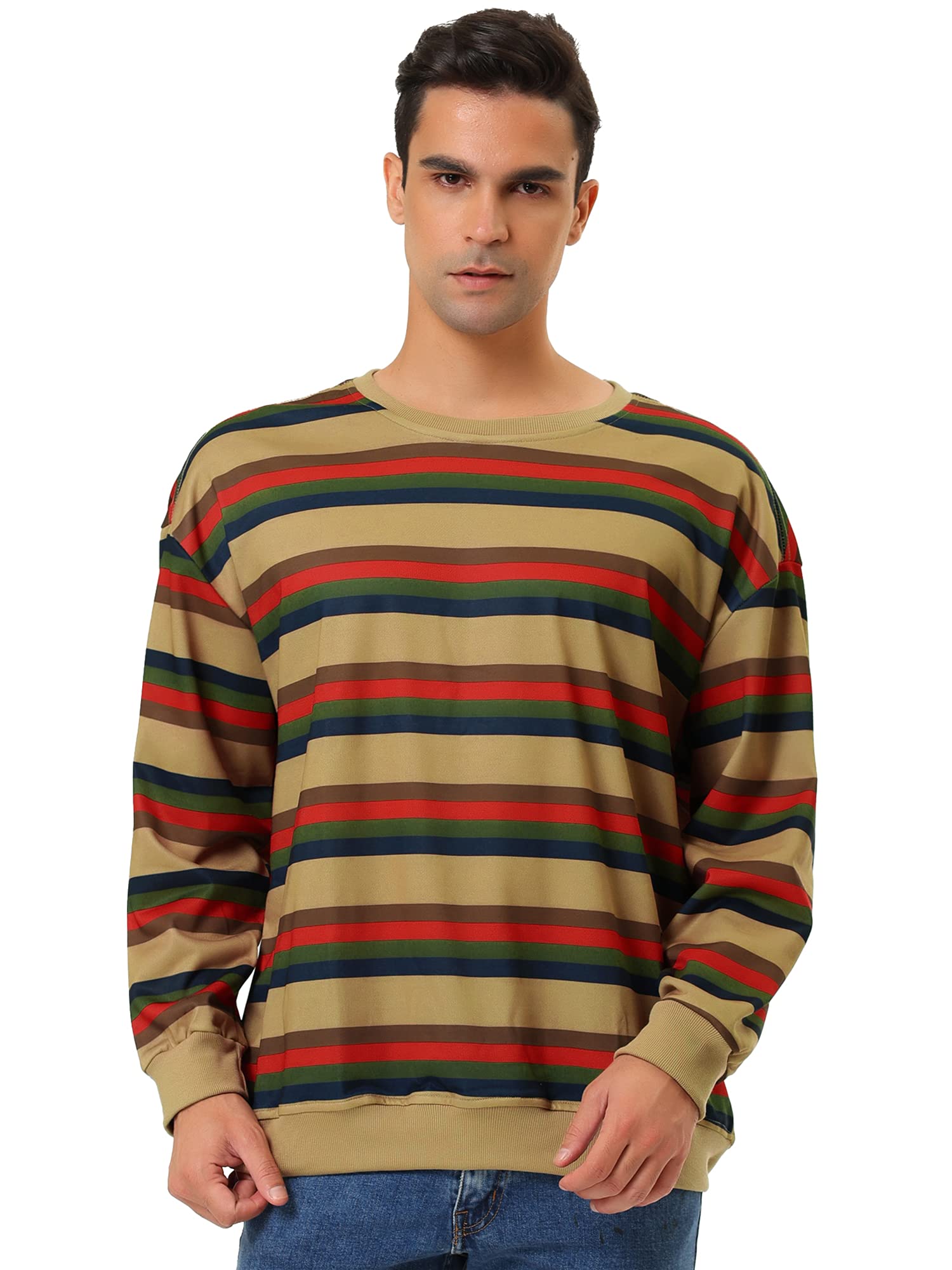 Lars Amadeus Men's Pullover Crew Neck Long Sleeves Color Block Sweatshirt T-Shirt Small Khaki