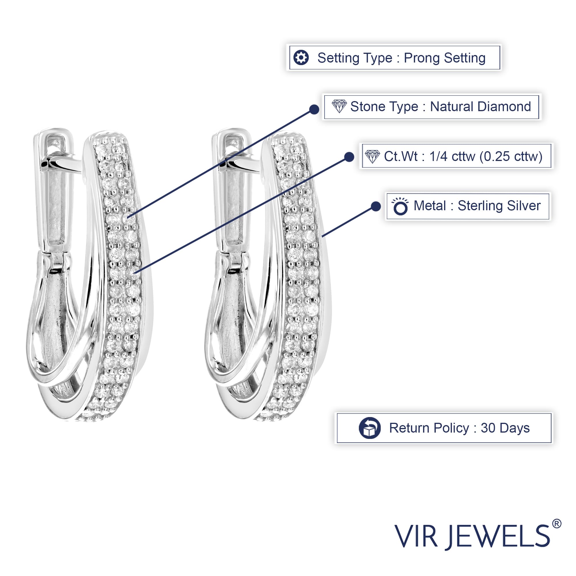 Vir Jewels 1/4 cttw Diamond Hoop Earrings .925 Sterling Silver 60 Stones Dangle 3/4 Inch