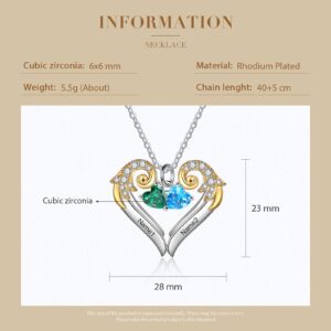 Zomodia Personalized Simulated Birthstone Necklace for Women, Angel Wings Necklace Custom Mom Necklace with Names Engraved Heart Promise Pendant for Her (2 stones)