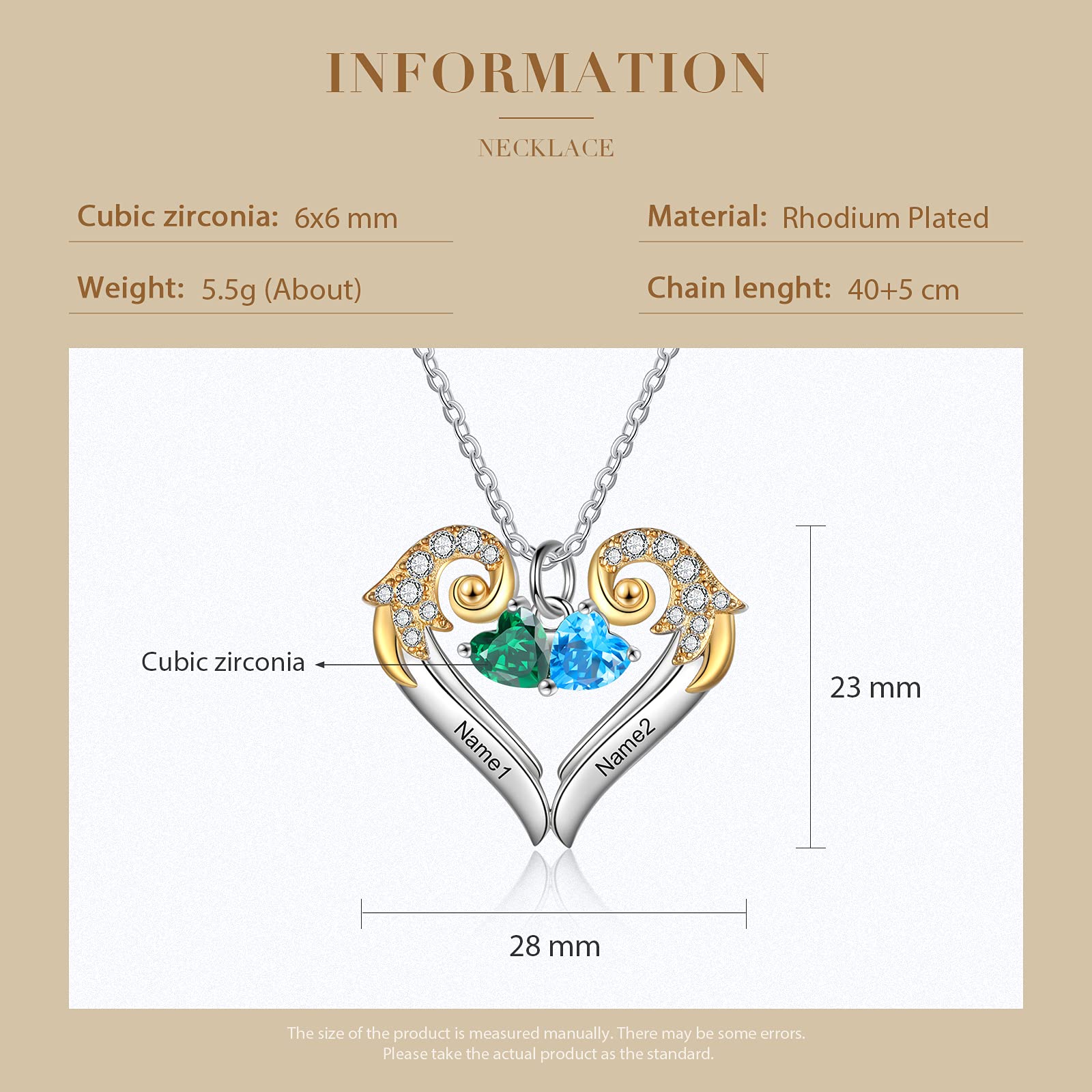 Zomodia Personalized Simulated Birthstone Necklace for Women, Angel Wings Necklace Custom Mom Necklace with Names Engraved Heart Promise Pendant for Her (2 stones)