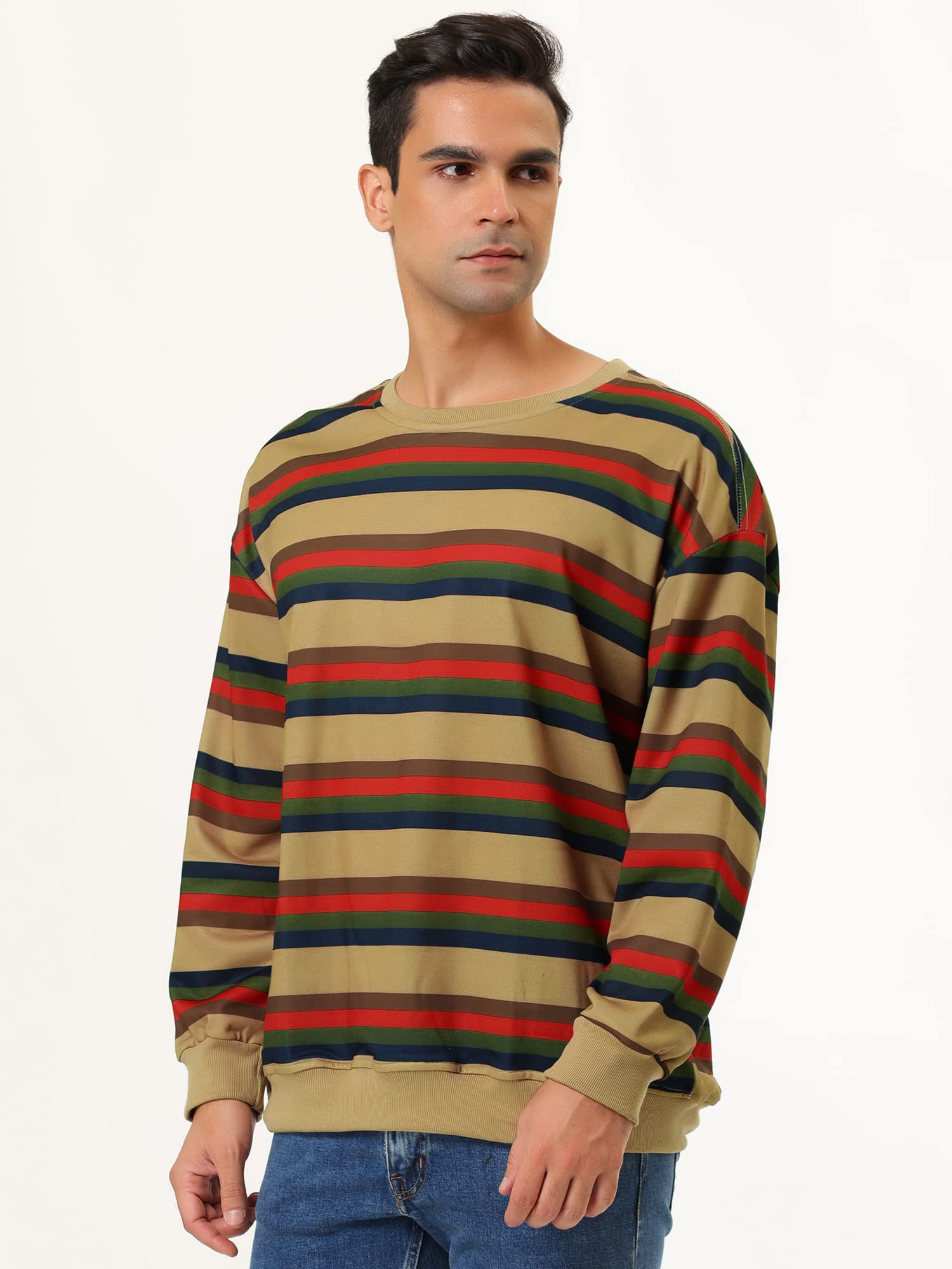 Lars Amadeus Men's Pullover Crew Neck Long Sleeves Color Block Sweatshirt T-Shirt Small Khaki