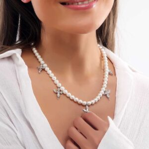 HELLOICE Pearl Necklace with Cross and Praying Angel Pendant Round White Pearl Necklace Pearl Choker Necklace Charm Strand Pearl Necklace for Women Men