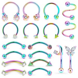 dyknasz 18pcs 16g dragon claw horseshoe daith earrings for women men rook helix piercing jewelry stainless steel curved barbell eyebrow rings flower butterfly moon cz style rainbow