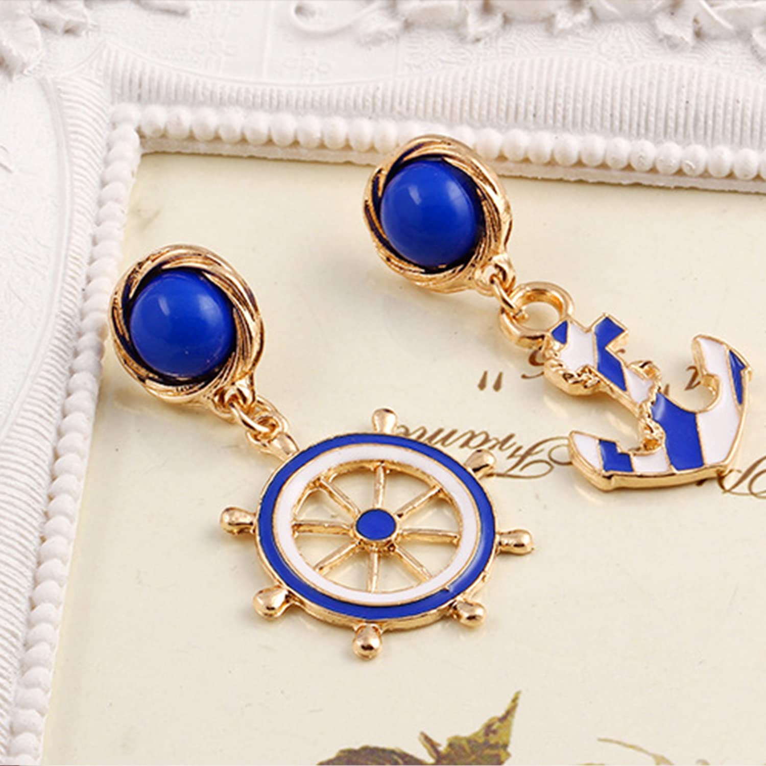 TIANBANGSHI Unique navy Nautical Ship Wheel Anchor Statement Drop Stud Earrings Asymmetry Blue Enamel wind Boat Anchor Dangle Earring for Women Fashion Jewelry (blue)