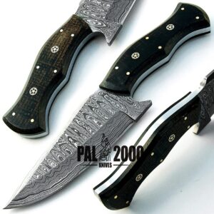 PAL 2000 HUNTING KNIVES Knife With Leather Sheath - Handmade damascus Steel Knife - Custom Knife - 9 Inches Micarta Handle, 9556 Black, White and Gray