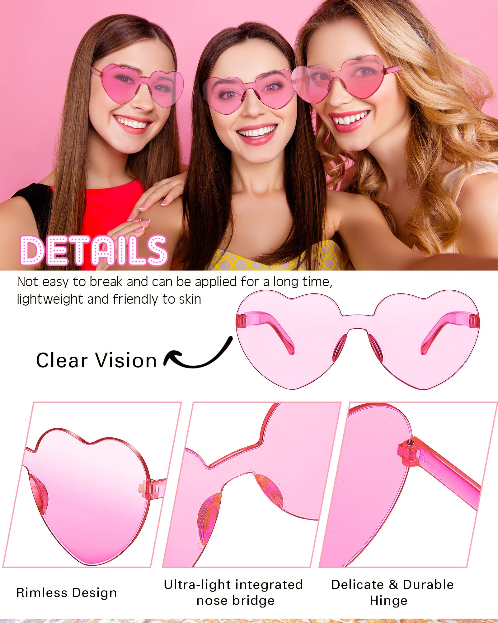 Frienda 20 Pairs Heart Shaped Sunglasses Rimless Candy Color Glasses for Women Men Party Favor(Pink)