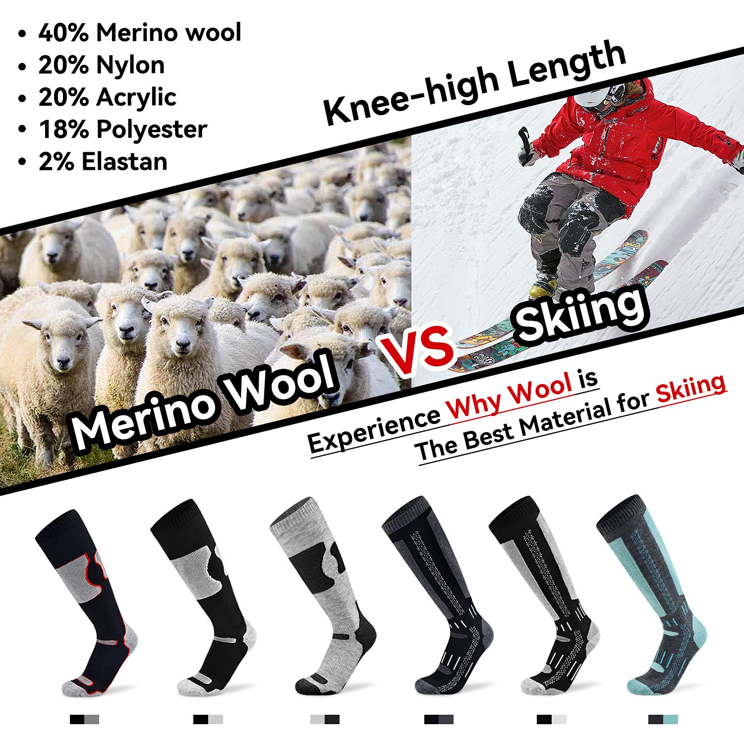 Busy Socks Ladies Long Ski Wool Winter Socks Women, Winer Over the Calf Boot Thermal Wool Socks for Mens Skiing Skating Snowboarding, Medium, 1 Pair Grey/Green